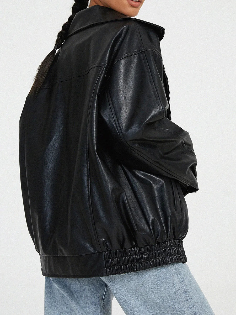 Women's Oversized Leather Bomber Jacket with Zipper Front – Martha ...